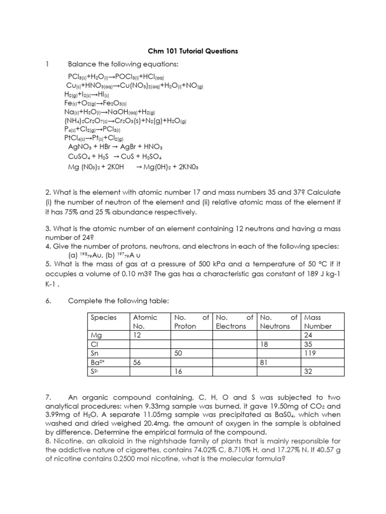 CHM 101 TutQue | PDF | Titration | Chemistry