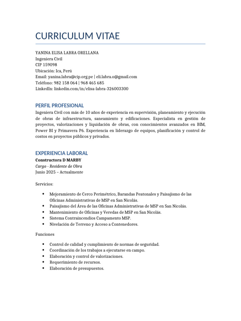Currículum de Yanina Labra, Ingeniera Civil | PDF | Ingeniero civil ...