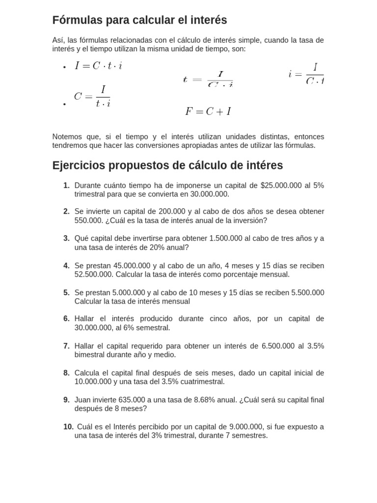 Aplicación de Formulas para Calcular El Intéres SIMPLE | PDF