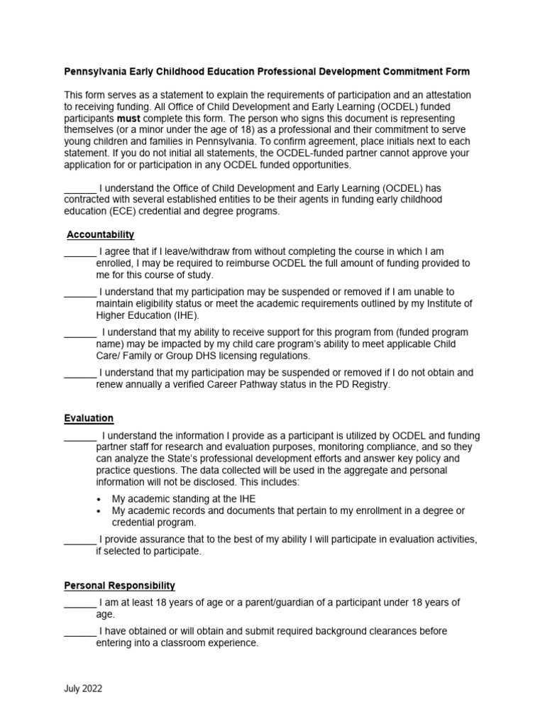 PA Early Childhood Education Professional Development Commitment Form ...