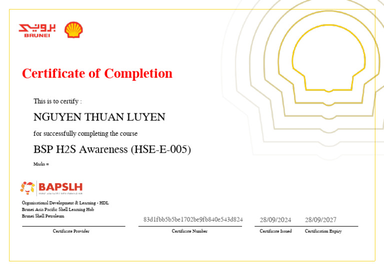 BSP H2S Awareness Course Certificate | PDF