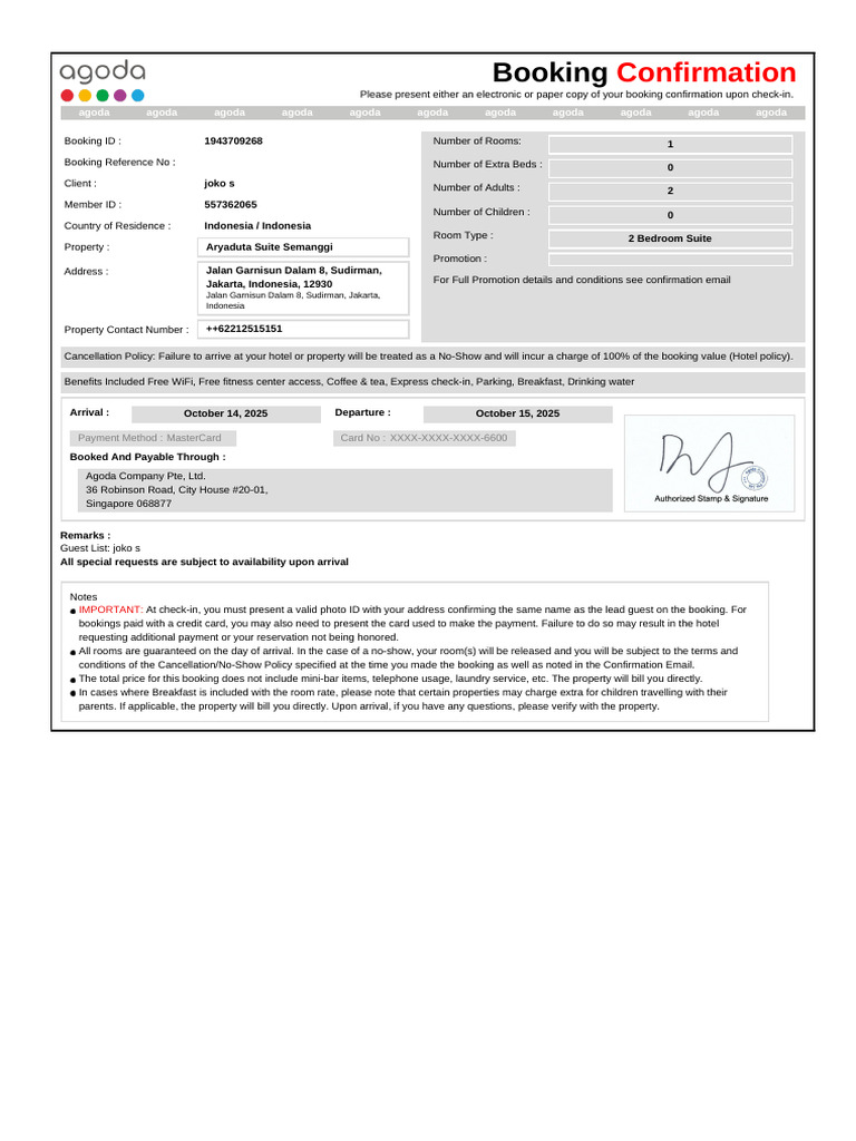 Confirmation For Booking ID # 1943709268 | PDF