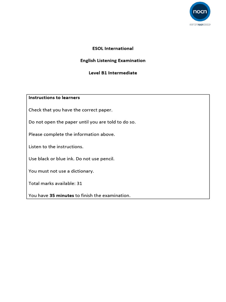ESOL International English Listening Examination Level B1 Intermediate ...