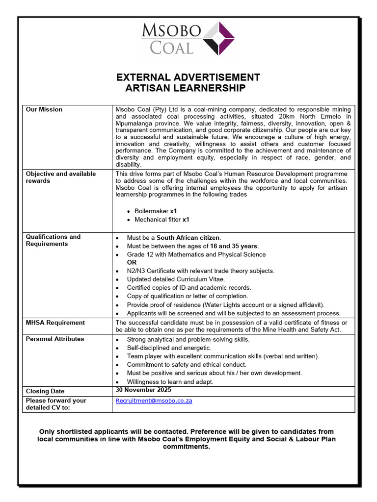 Msobo Coal Artisan Learnership 2025 | PDF | Business