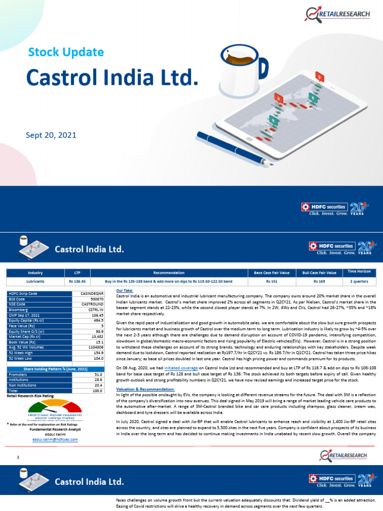 Castrol India: Stock Update & Outlook | PDF | Price Of Oil | Dividend