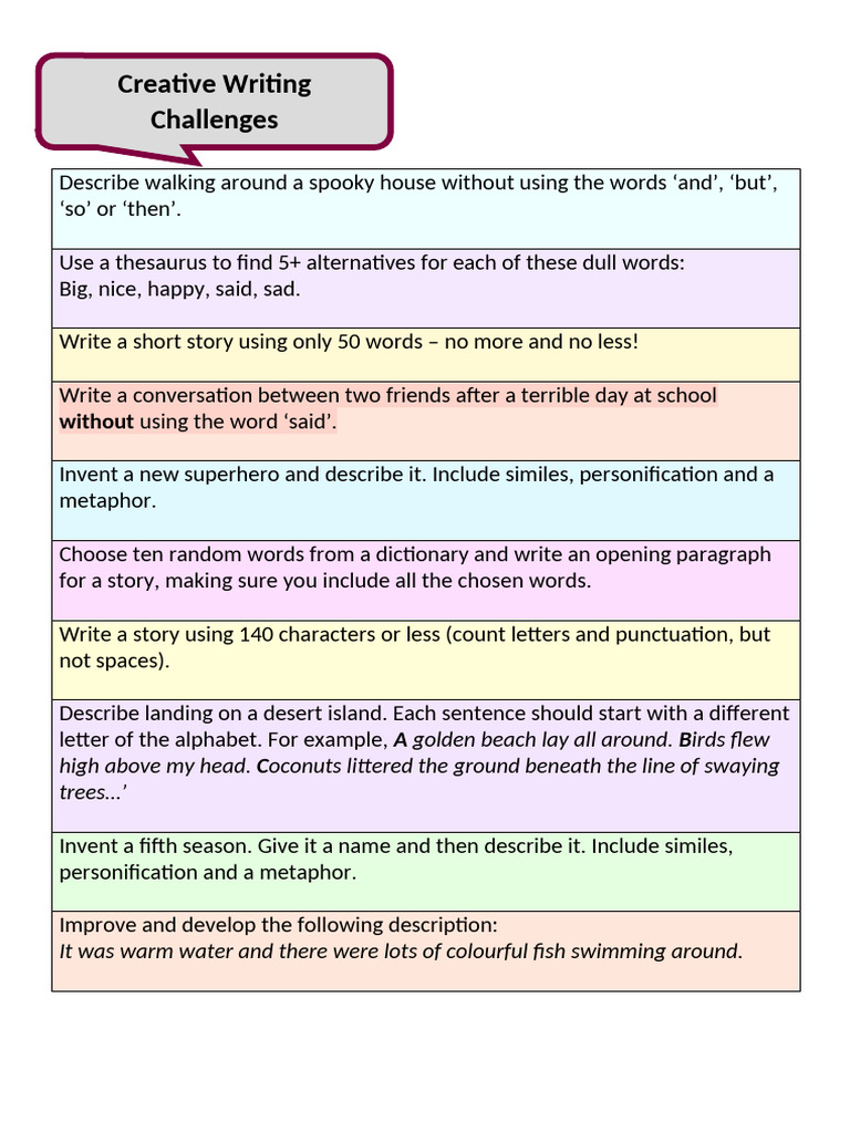 Year 8 Creative Writing Challenges | PDF