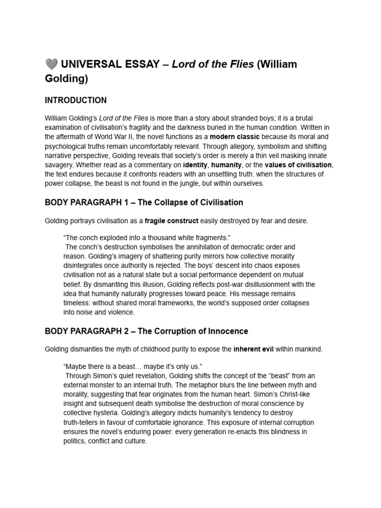 ? UNIVERSAL ESSAY - Lord of The Flies (William Golding) | PDF