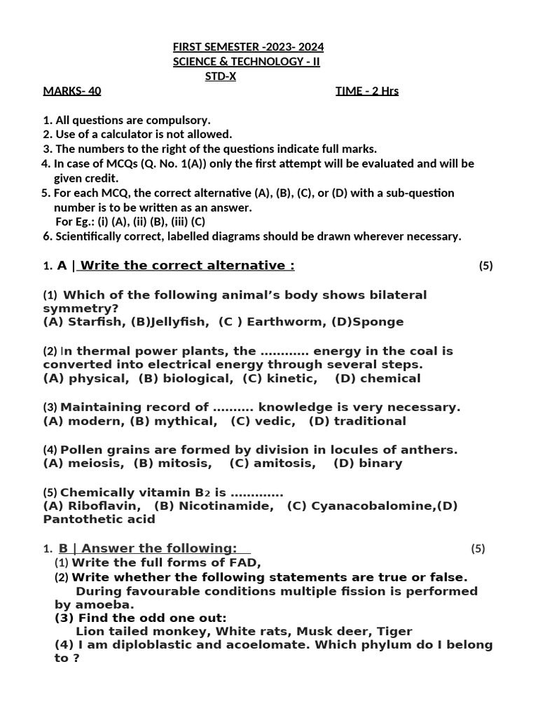 Science & Technology Exam Paper 2023-24 | PDF | Genetics | Reproduction
