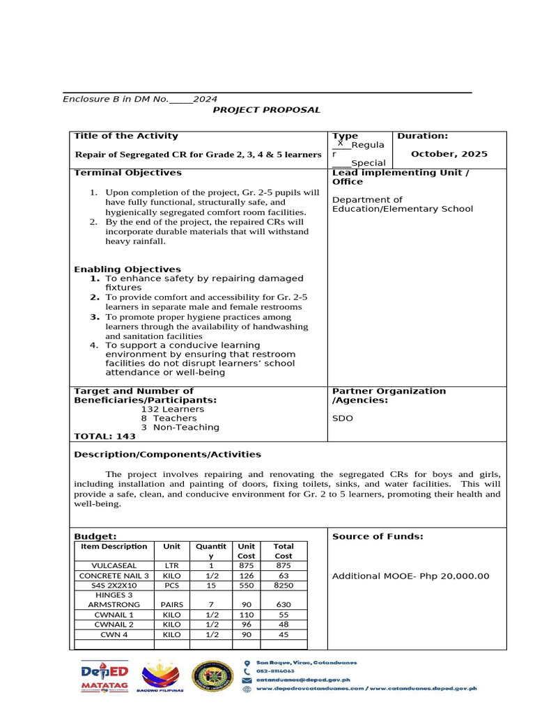 School Additional Mooe Proposal | PDF | Public Toilet | Public Health
