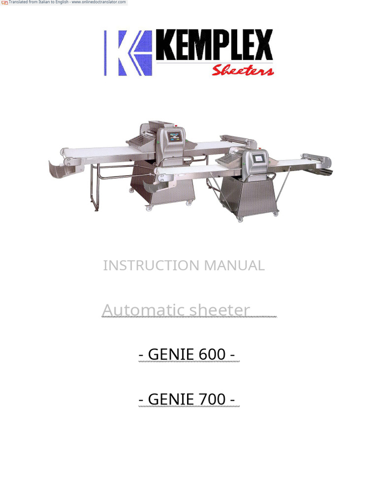 GENIE 600/700 Dough Sheeter Manual | PDF | Fax | Safety