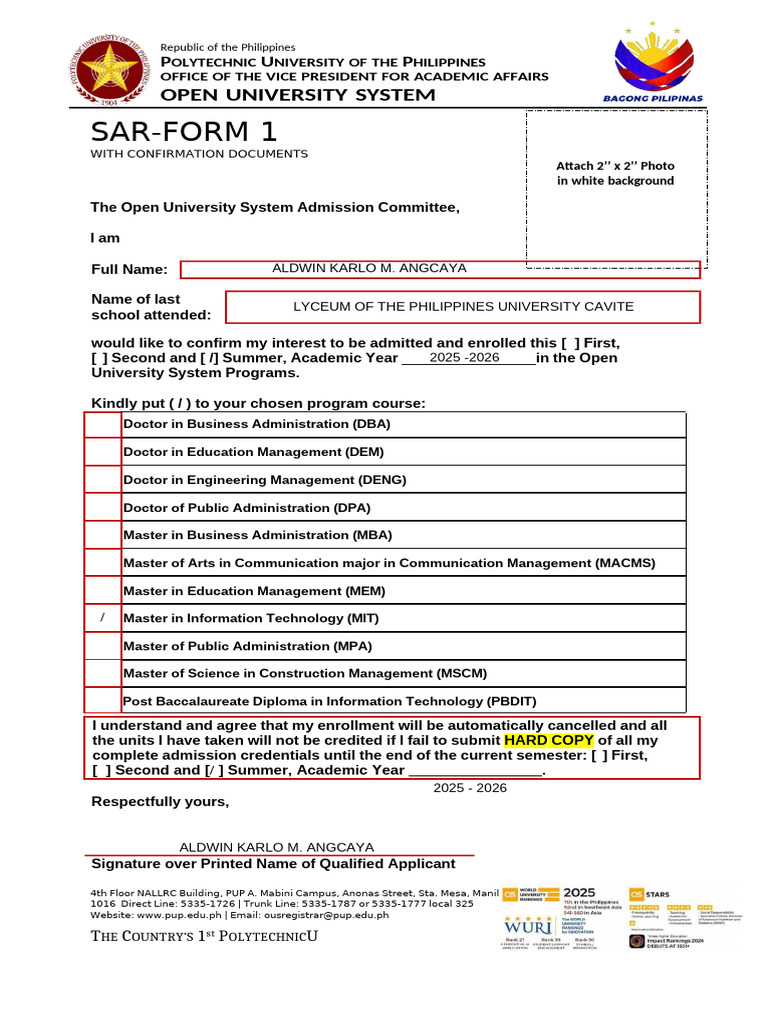 OUS Admission Confirmation for 2025-2026 | PDF