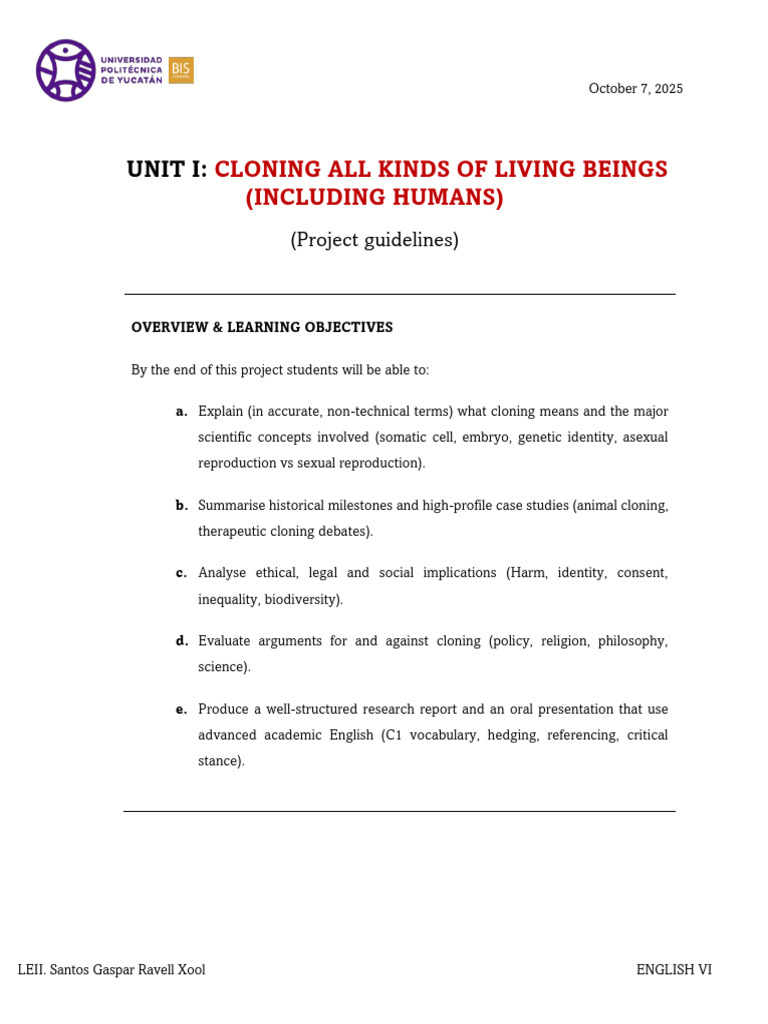 Unit I - Cloning All Kinds of Living Beings - Project Guidelines 1 ...
