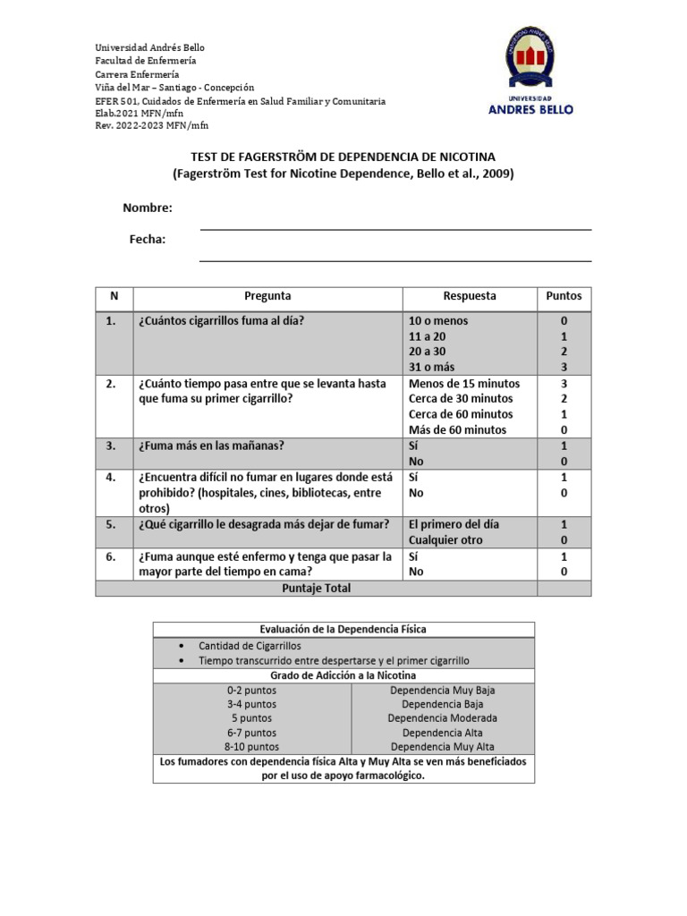 Test de Fagerstrom | PDF | Dejar de fumar | Estimulantes a base de ...