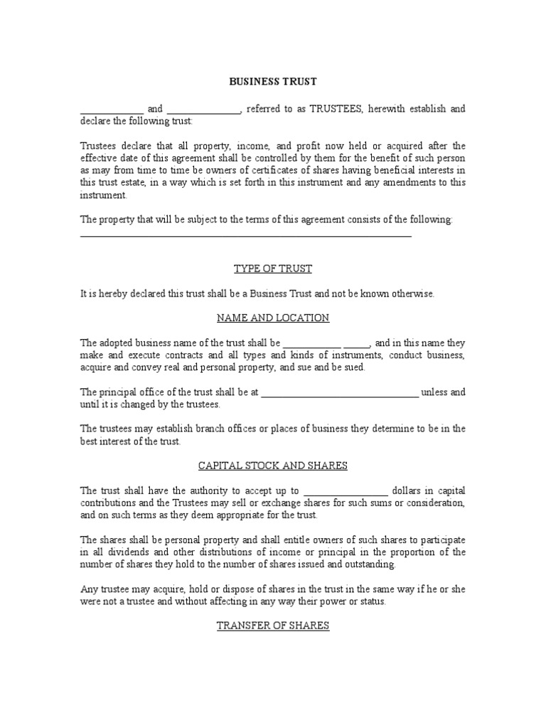 Business Trust Agreement Template | PDF | Trust Law | Trustee