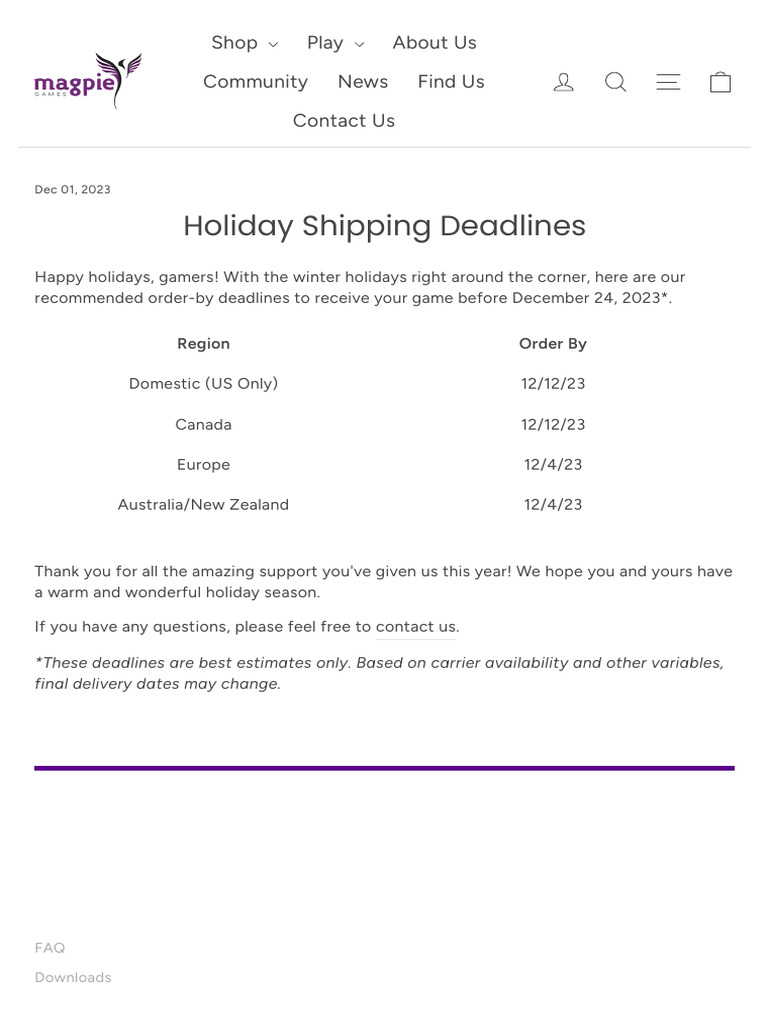 Holiday Shipping Deadlines - Magpie Games | PDF