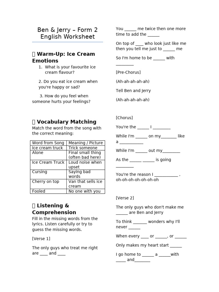 Ben and Jerry Form3 Worksheet | PDF | Song Structure