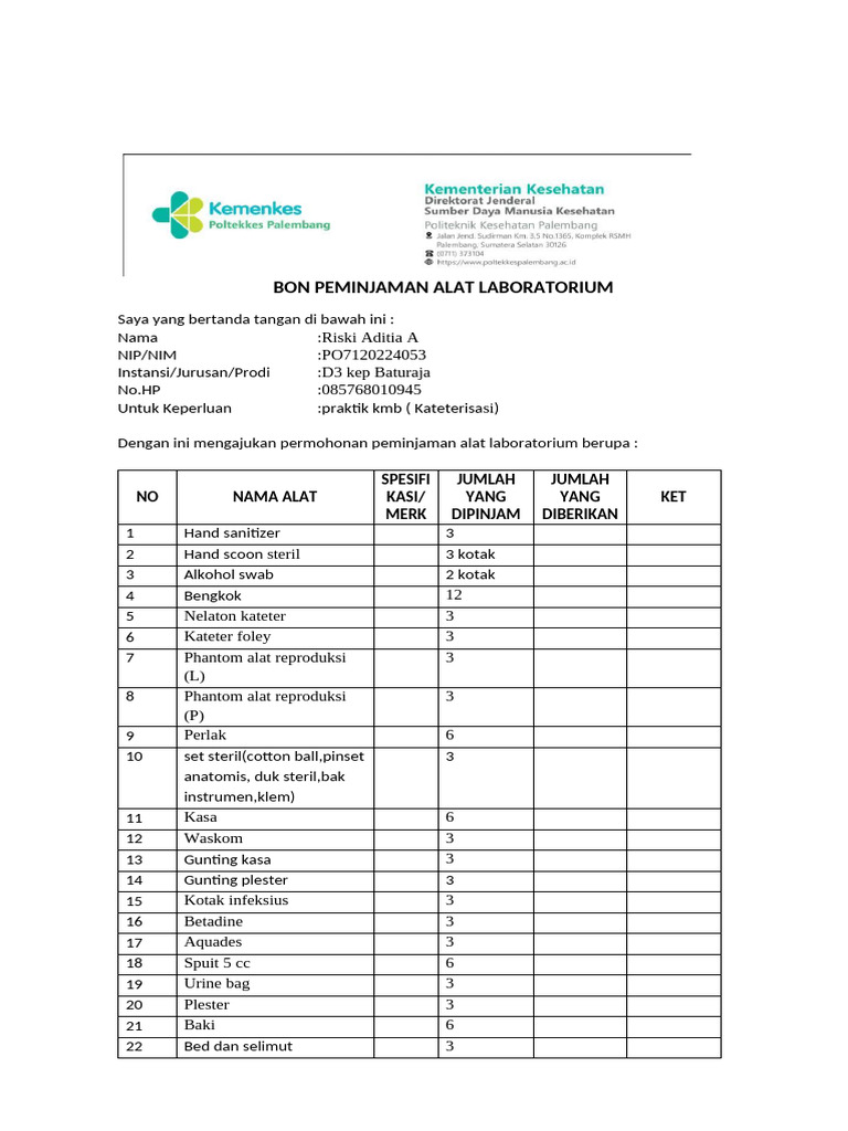 Formulir Peminjaman Alat Laboratorium | PDF
