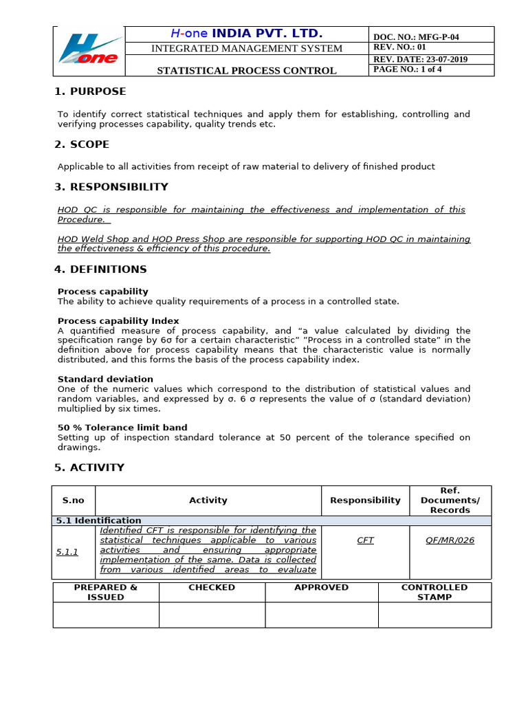 MFG-P-04 (SPC) STATISTICAL PROCESS CONTROL | PDF | Engineering Tolerance | Standard Deviation