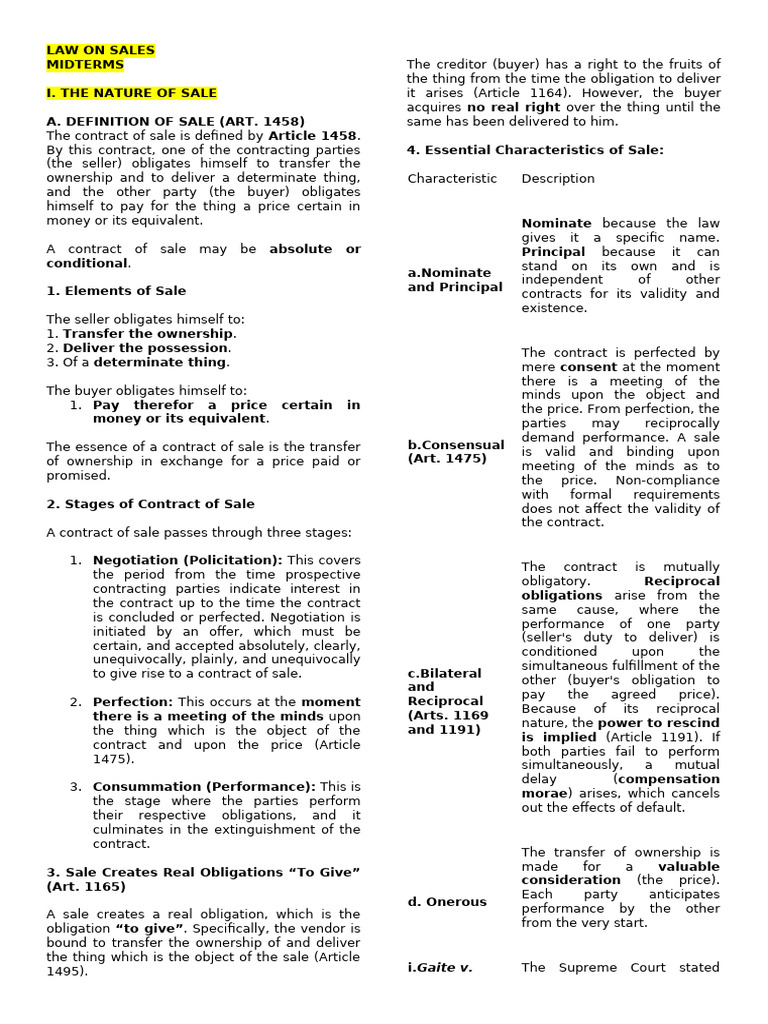 Law On Sales | PDF | Lease | Consideration