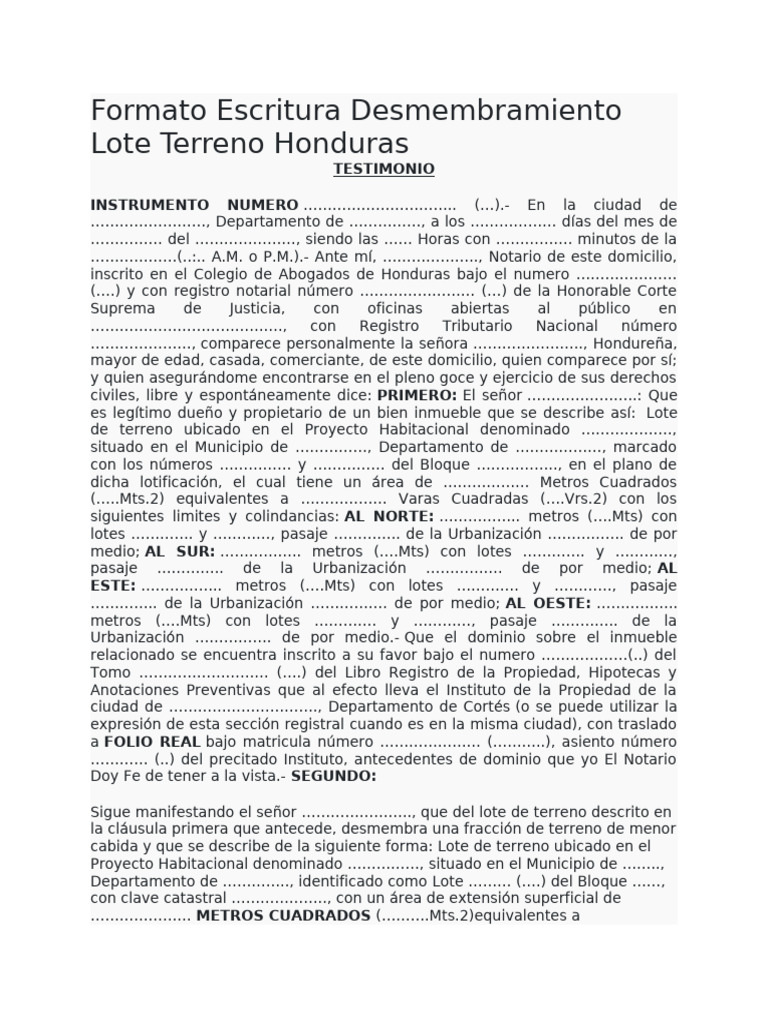 Escritura de Desmembramiento de Lote en Honduras | PDF
