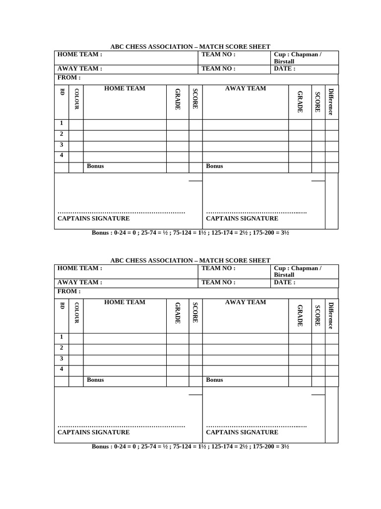 Chess Match Score Sheet Template | PDF
