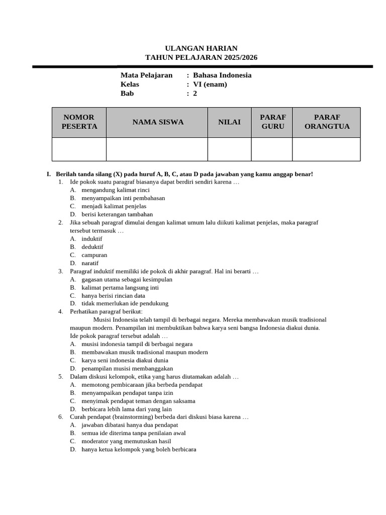 Latihan Soal Bahasa Indonesia Kelas 6 Bab 2 | PDF