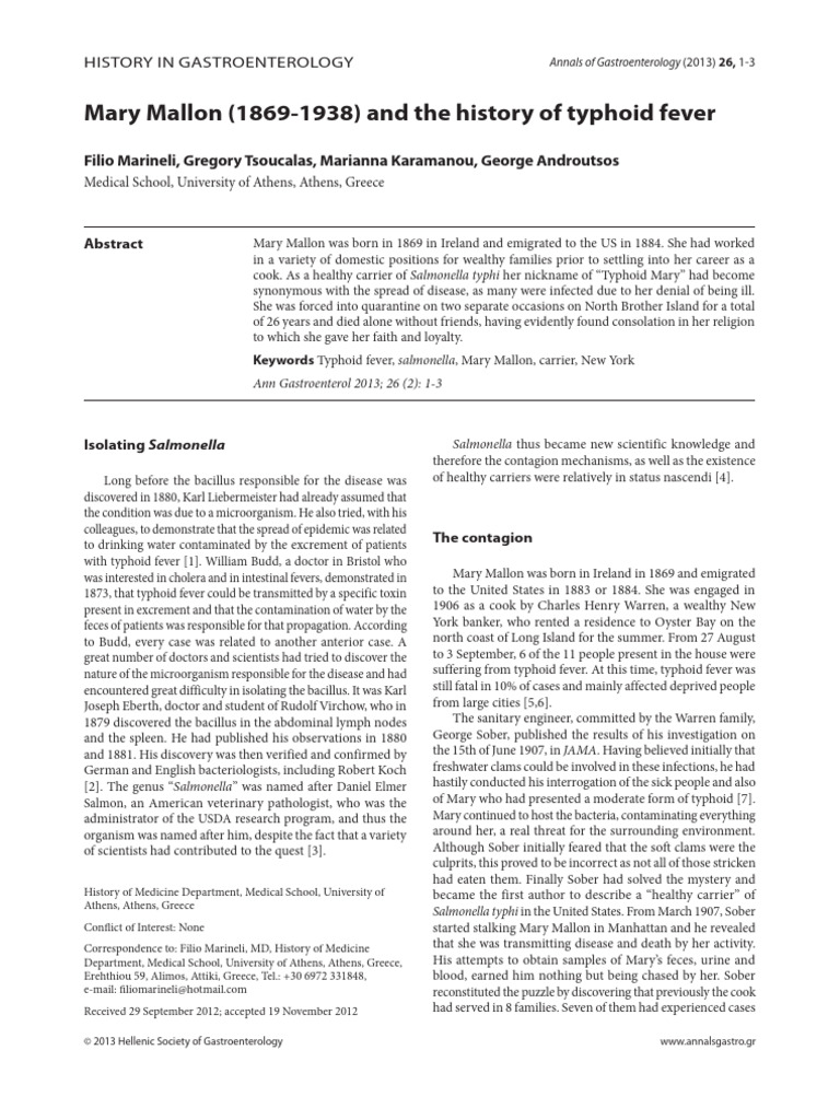 Mary Mallon 1869 1938 and The History of Typhoid Fever 59d2c67b8c | PDF ...