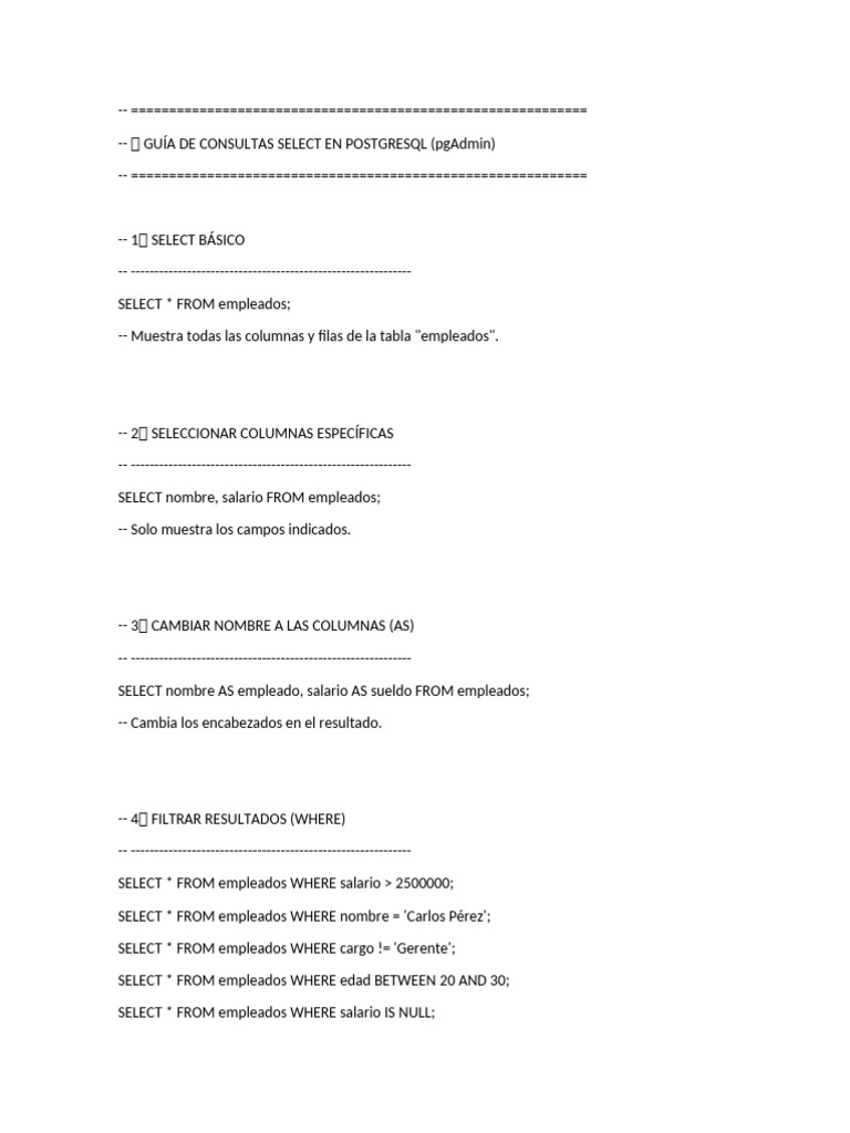? Guía de Consultas Select en Postgresql | PDF | Bases de datos | SQL