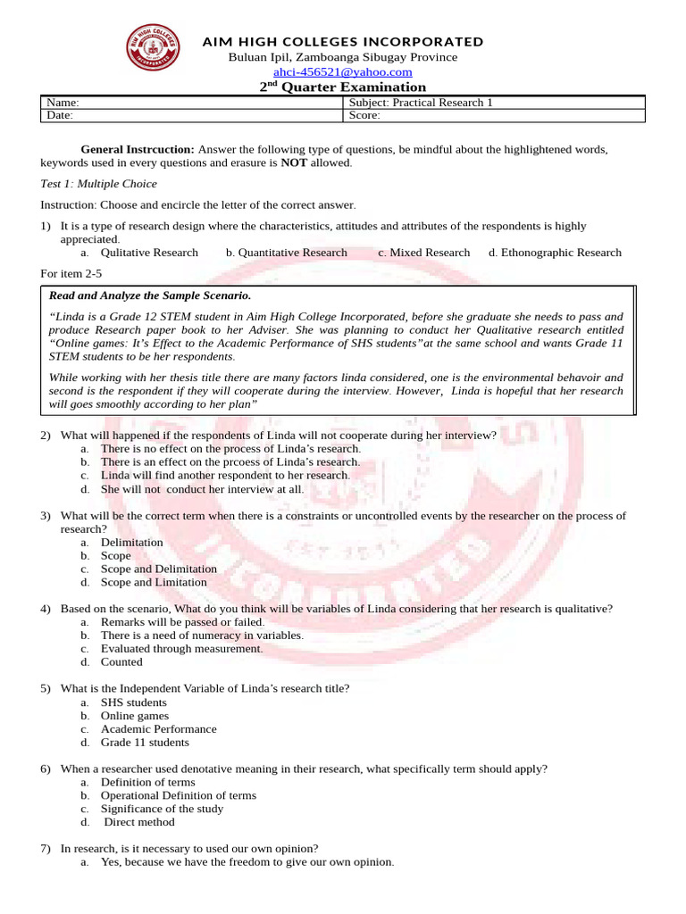 2nd Quarter Examination | PDF | Sampling (Statistics) | Qualitative ...