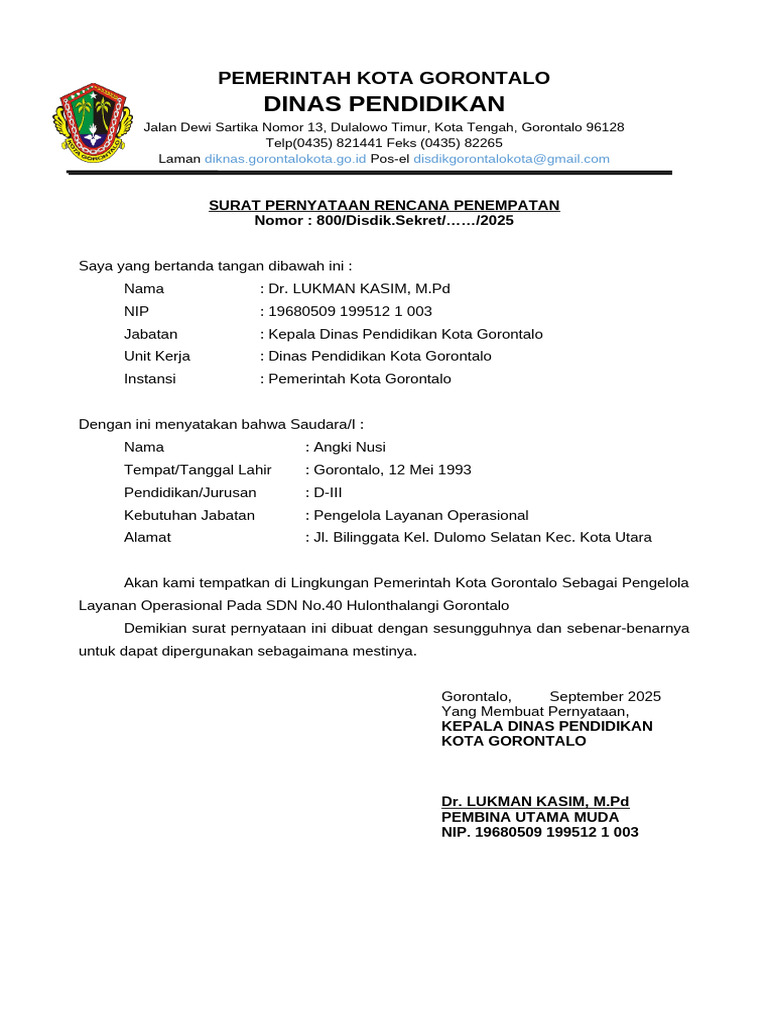 Surat Pernyataan Rencana Penempatan | PDF
