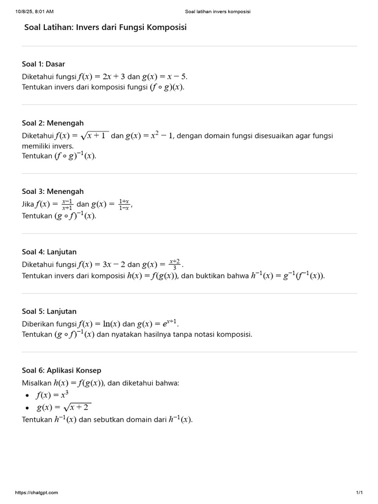 Soal Latihan Invers Komposisi | PDF