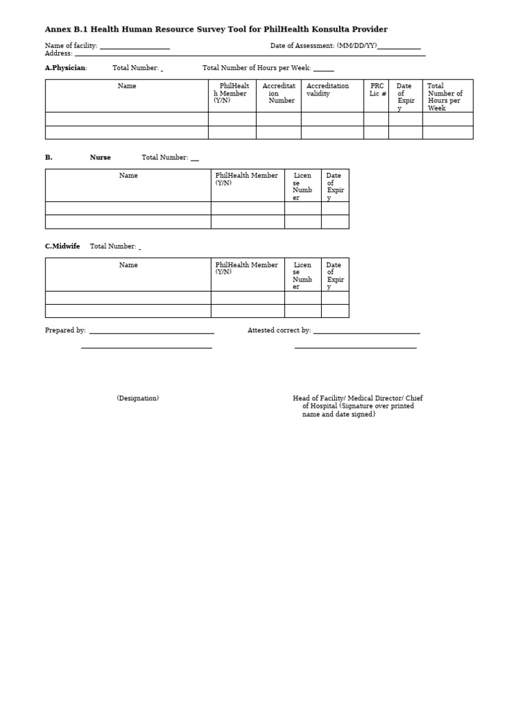Annex B.1 Health Human Resource Survey Tool For Philhealth Konsulta Provider | PDF