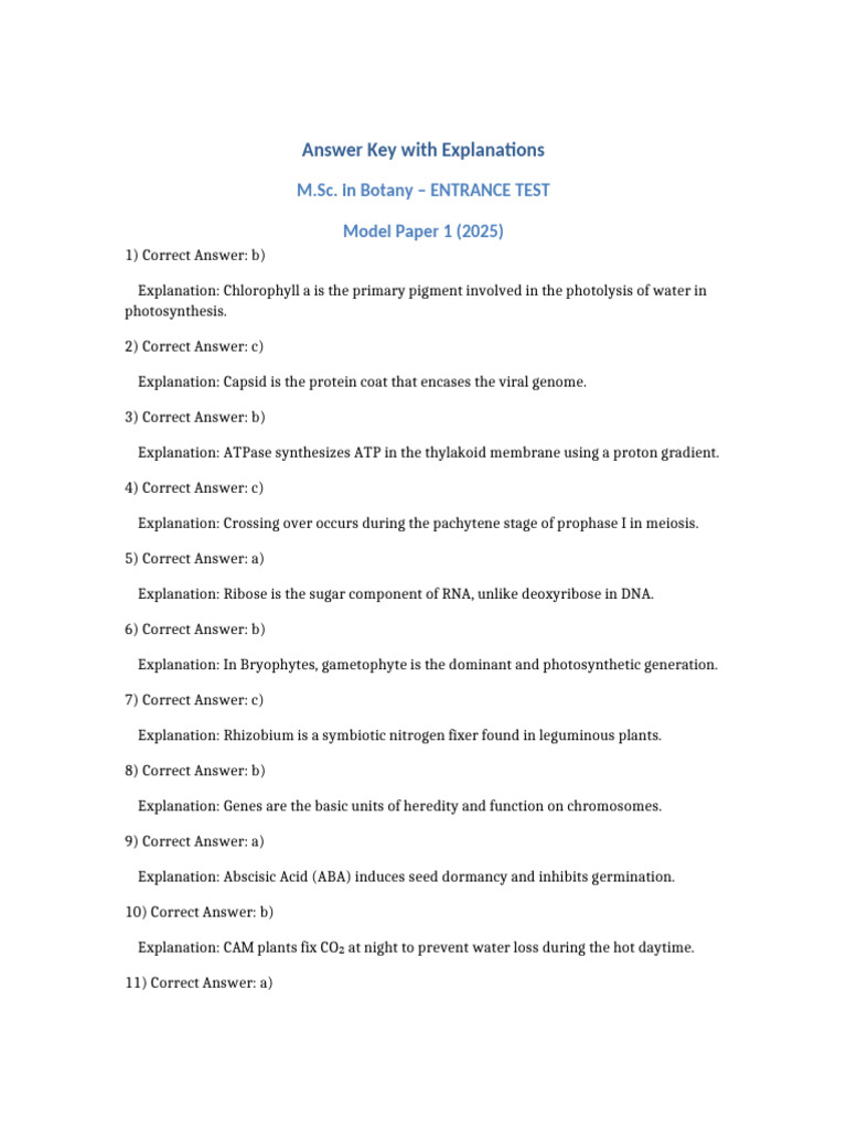 M.Sc. Botany Entrance Test Answer Key | PDF | Photosynthesis | Meiosis
