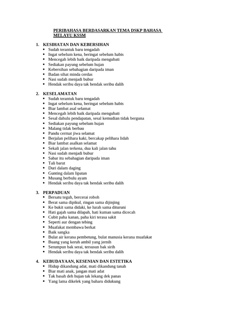 Peribahasa Berdasarkan Tema DSKP Bahasa Melayu KSSM | PDF