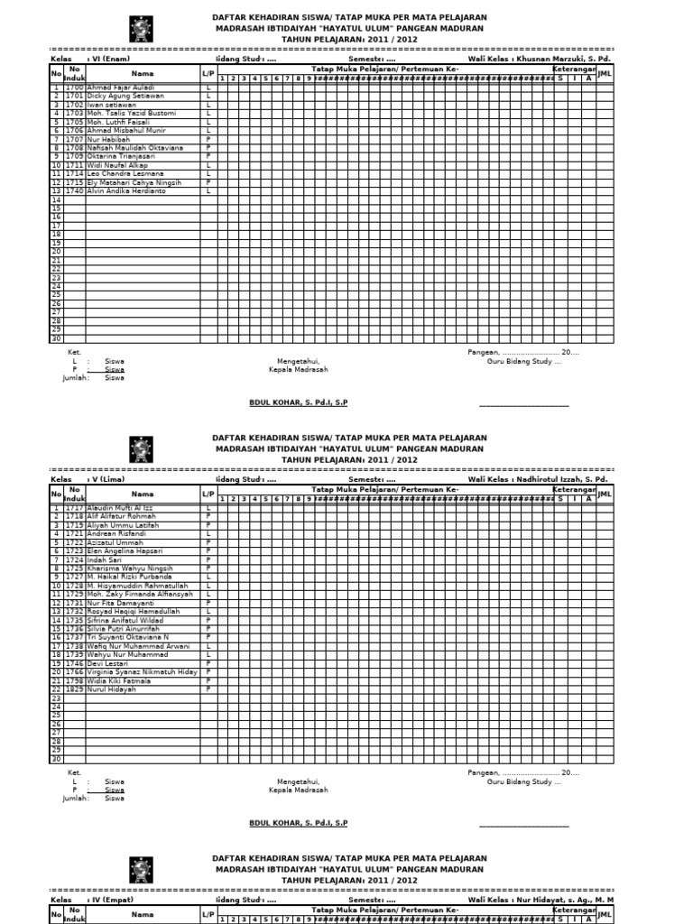 Daftar Tatap Muka Per Jam Pelajaran | PDF