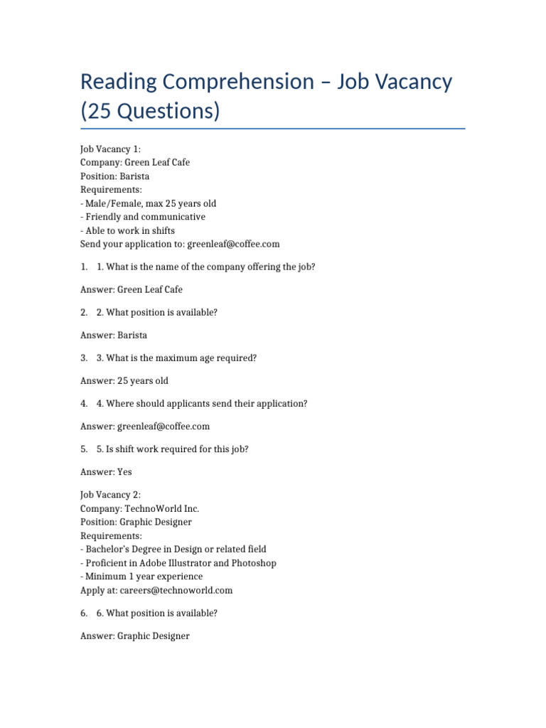 Reading Comprehension Job Vacancy 25 Questions | PDF | Résumé | Chess ...