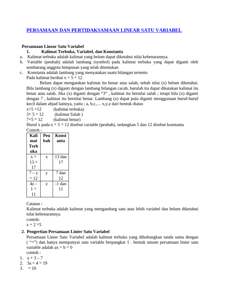 Persamaan dan Pertidaksamaan Linear Satu Variabel | PDF