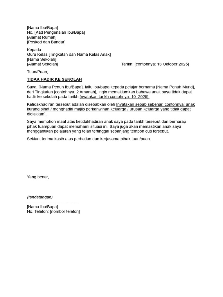 Surat Cuti Sekolah | PDF