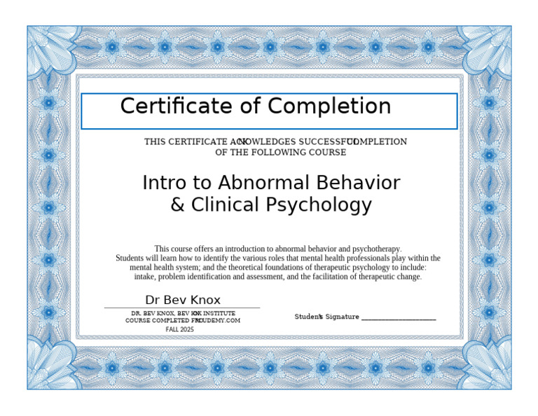 001 Abnormal Behavior & Clinical Psychology Certificate | PDF