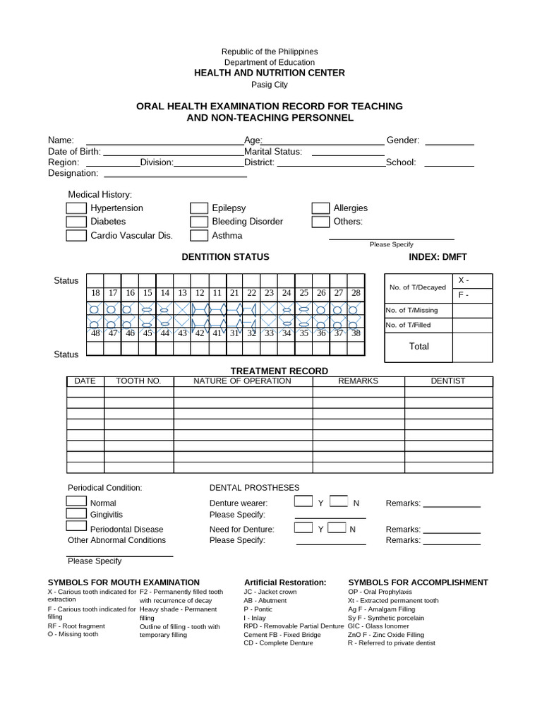 Oral Health Examination Record Template | PDF | Dentures | Dentistry