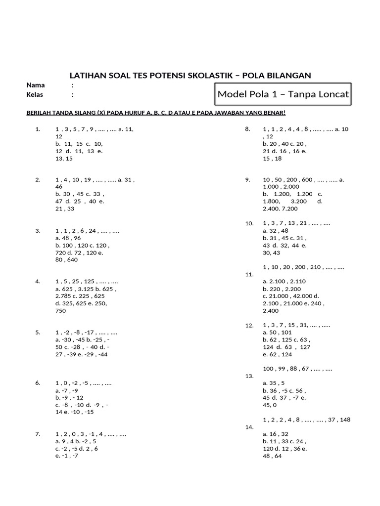 Soal Latihan Pola Bilangan Skolastik | PDF