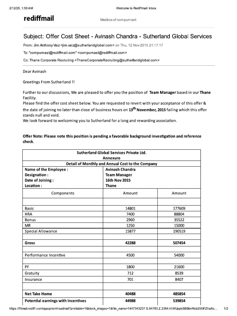 Offer Letter Sutherland | PDF