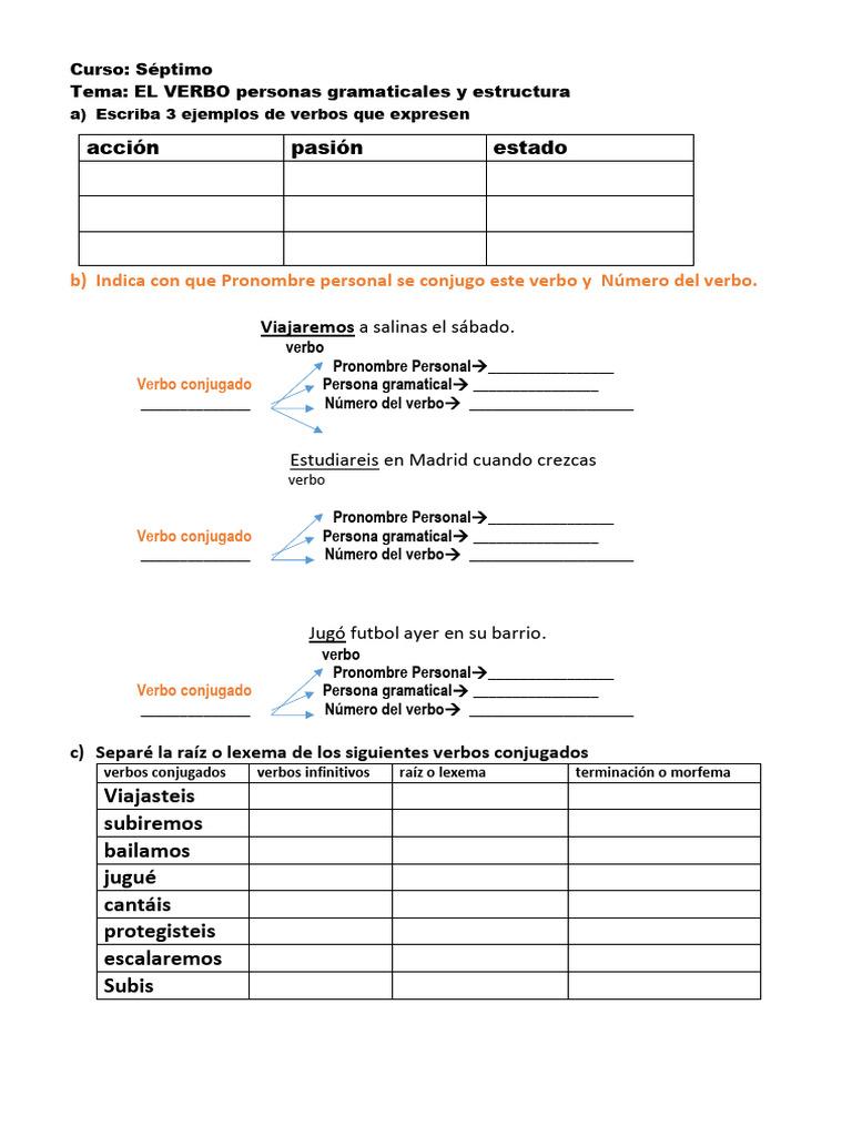 Verbo Analisis Pronombres y Estructura Del Verbo 7mo | PDF