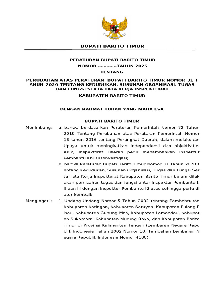 Draf Perubahan Sotk Inspektorat 2025 Edit Sesuai Surat Prov | PDF