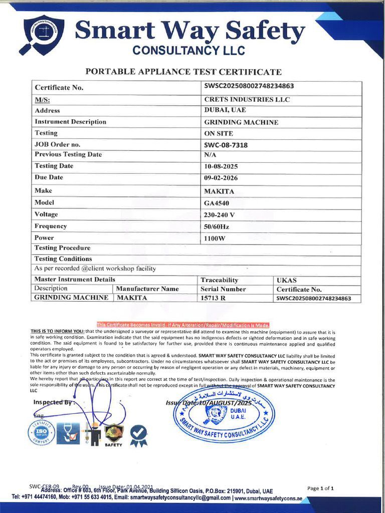 Portable Appliance Test Cretificate-01 | PDF