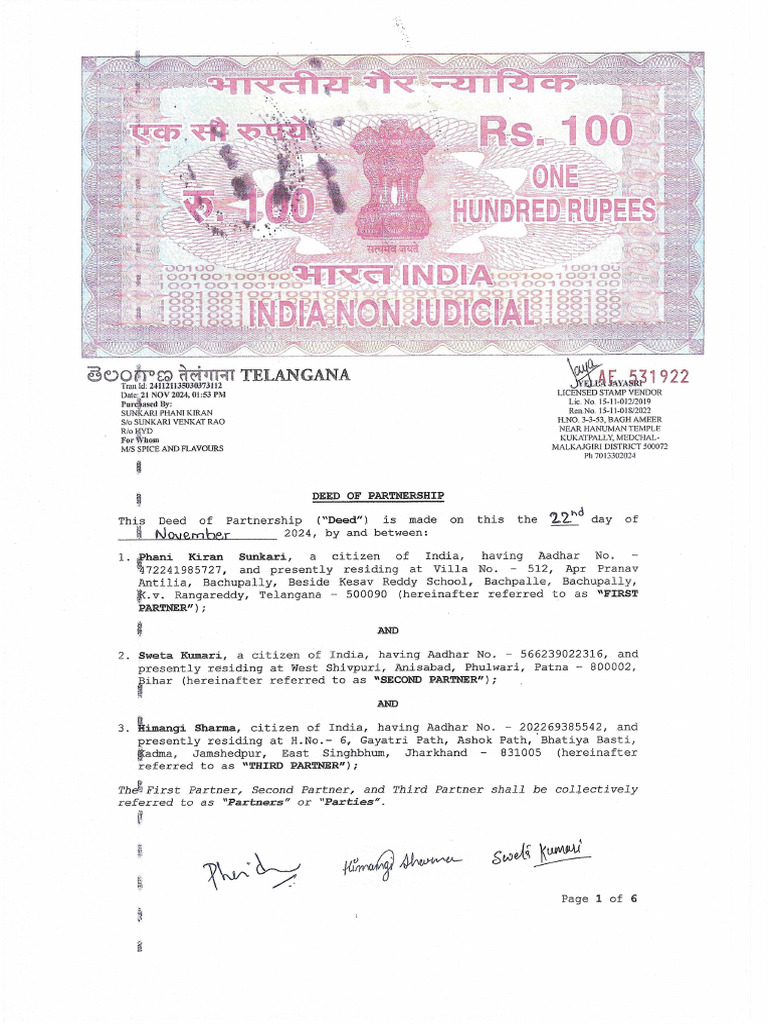 Partnership Deed Signed Spice and Flavours | PDF