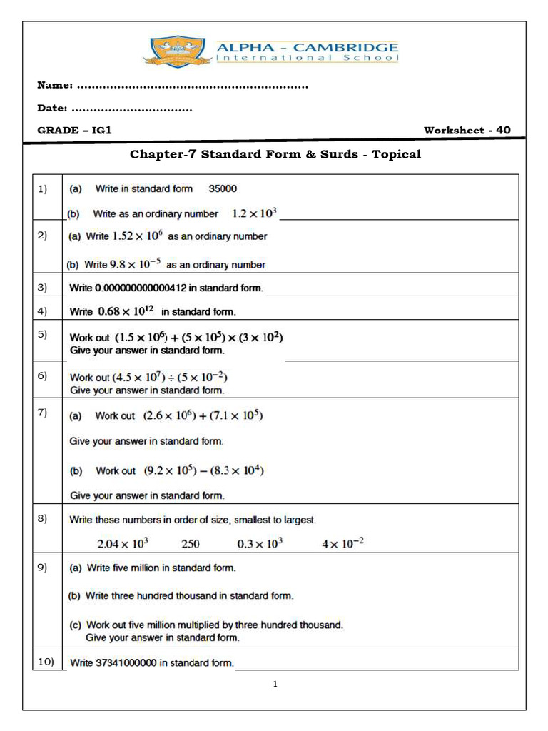 IG1 - Maths - Worksheet 40 - Standard Form and Surds | PDF