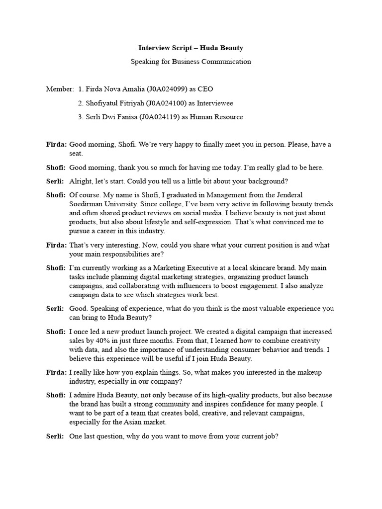 Interview Script - Shofiyatul Fitriyah J0A024100 | PDF | Human ...