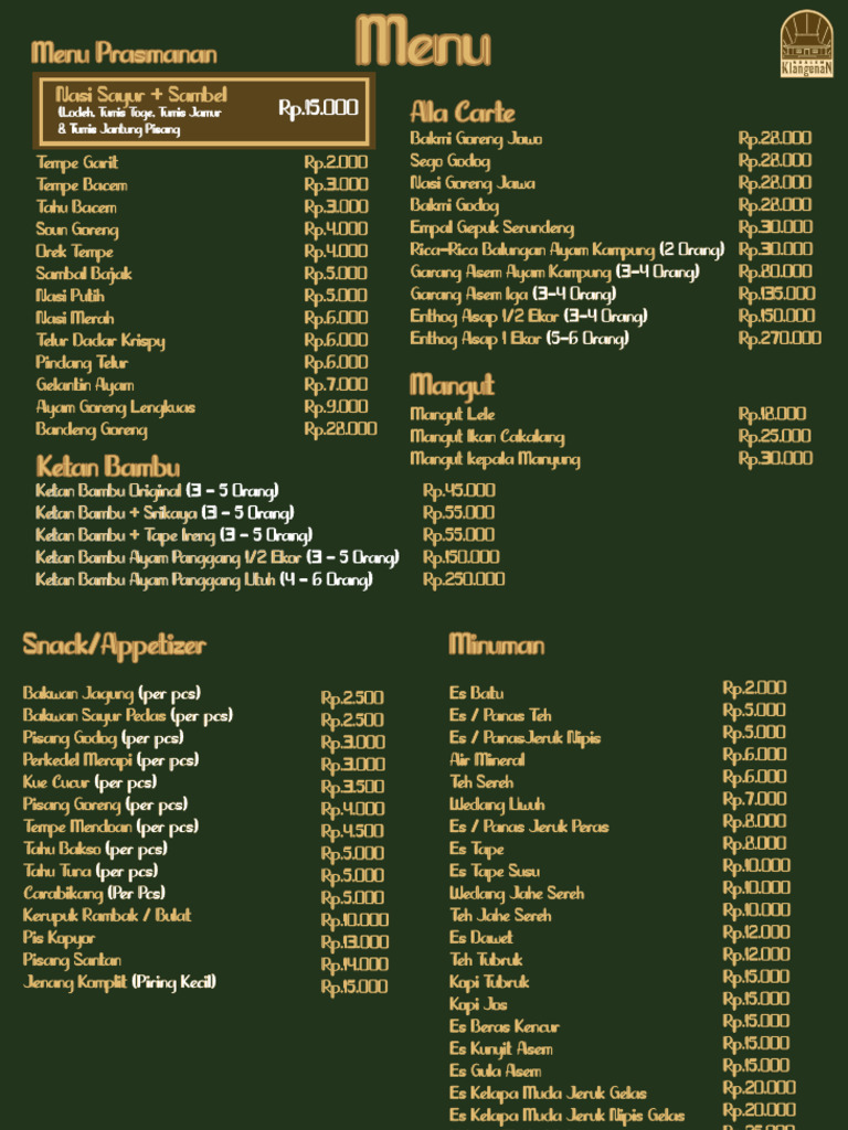 Menu Ndalem Klangenan Jogja | PDF