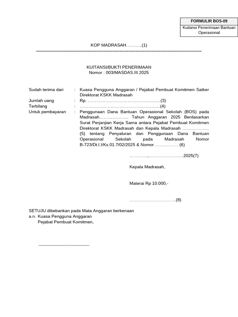 BOS 09 - Kuitansi Penerimaan BOS 2025 | PDF